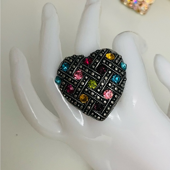 Accessories | Heart Shaped Multi Colored Rhinestone Ring | Poshmark